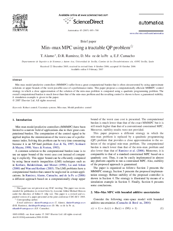 (PDF) Min–max MPC using a tractable QP problem | Daniel Ramirez - Academia.edu