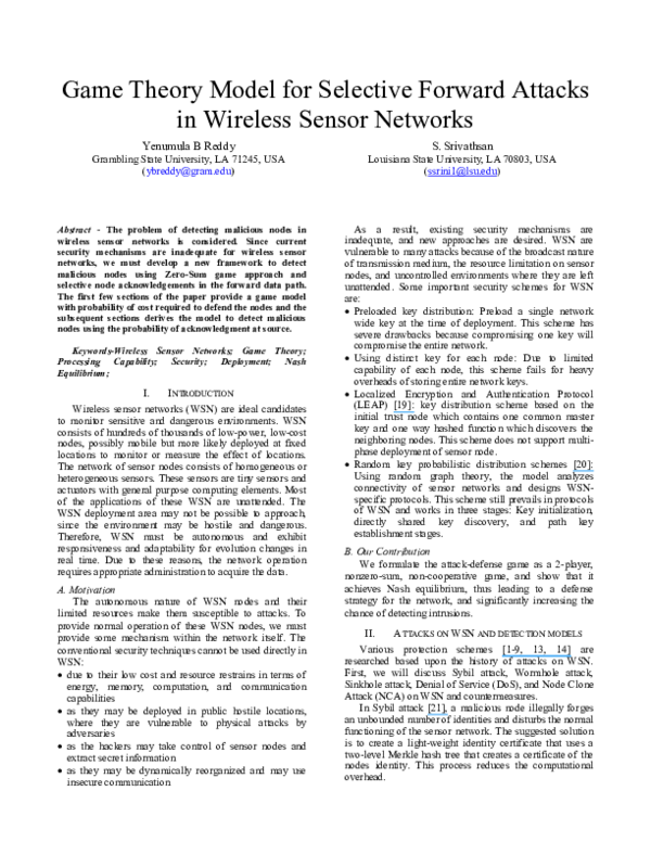(PDF) Game theory model for selective forward attacks in wireless sensor networks