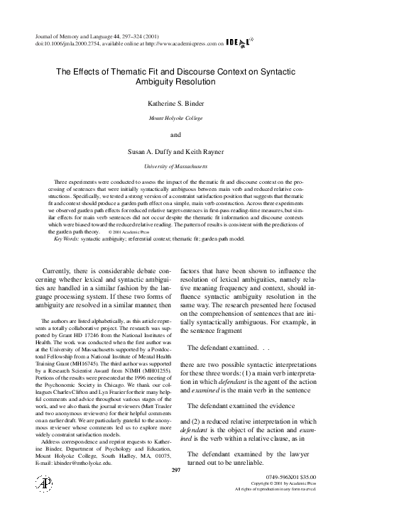 (PDF) The Effects of Thematic Fit and Discourse Context on Syntactic Ambiguity Resolution