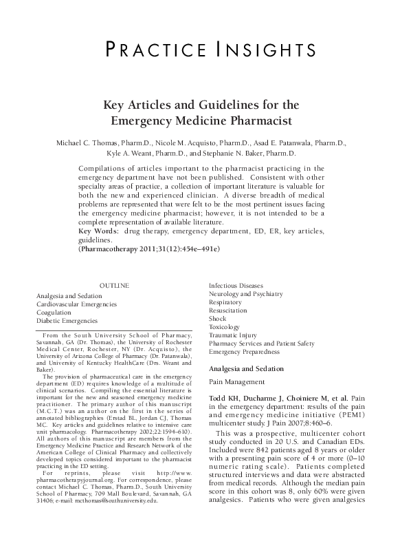 (PDF) Key Articles and Guidelines for the Emergency Medicine Pharmacist