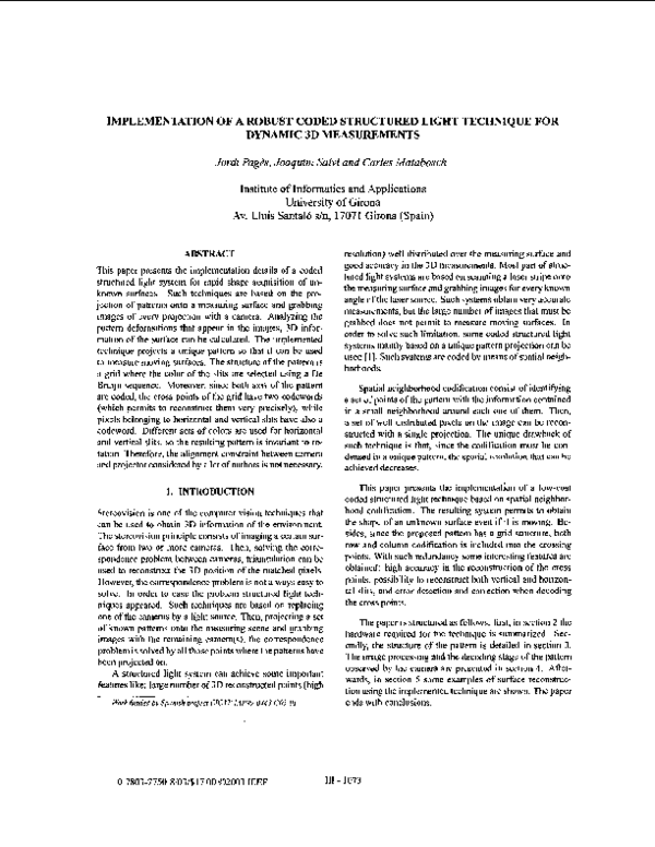Pdf Implementation Of A Robust Coded Structured Light Technique For Dynamic 3d Measurements