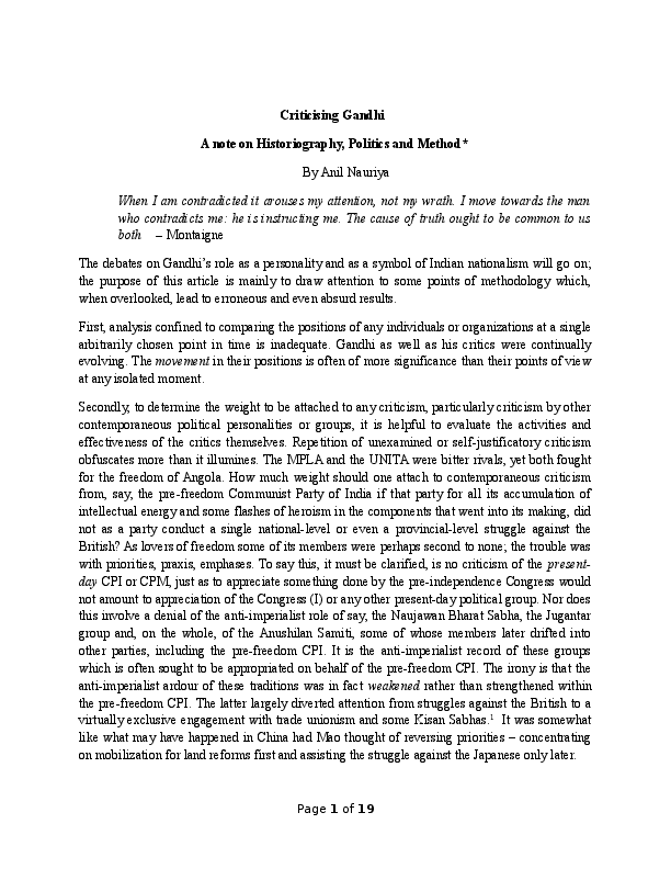 (DOC) Criticising Gandhi : A note on Historiography, Politics and Method