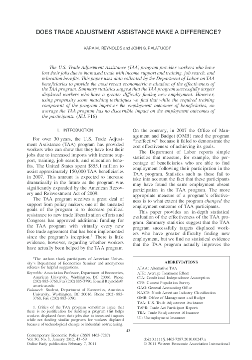 (PDF) DOES TRADE ADJUSTMENT ASSISTANCE MAKE A DIFFERENCE?