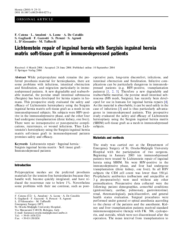 (PDF) Lichtenstein repair of inguinal hernia with Surgisis inguinal ...