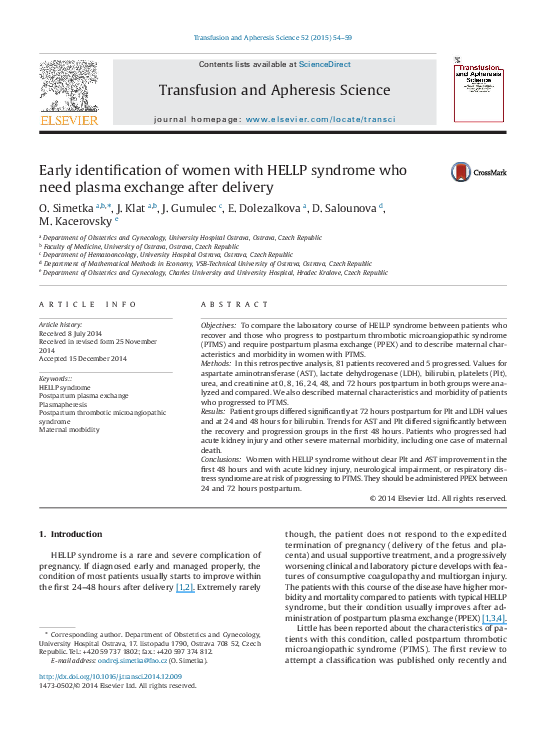 (PDF) Early identification of women with HELLP syndrome who need plasma ...