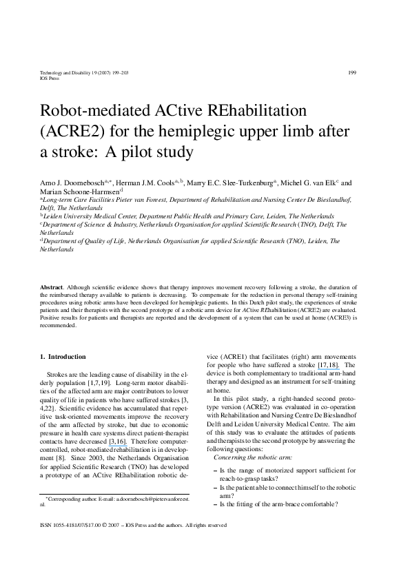(PDF) Robot-mediated ACtive REhabilitation (ACRE2) for the hemiplegic upper limb after a stroke ...