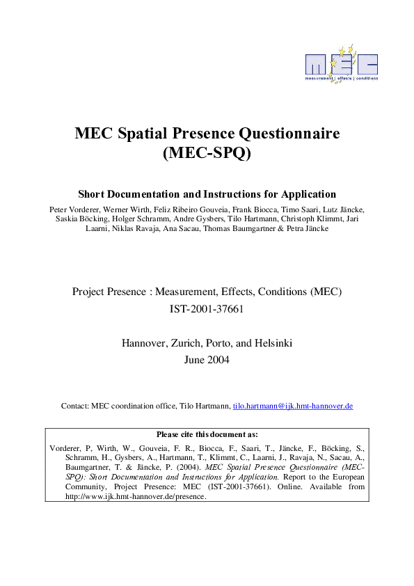 (PDF) MEC Spatial Presence Questionnaire (MEC SPQ): short documentation ...