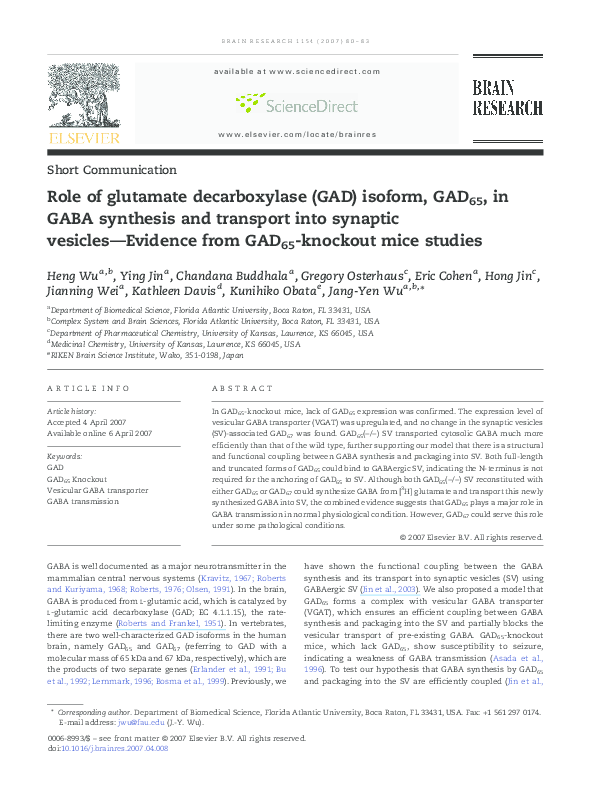 (PDF) Role of glutamate decarboxylase (GAD) isoform, GAD65, in GABA synthesis and transport into ...