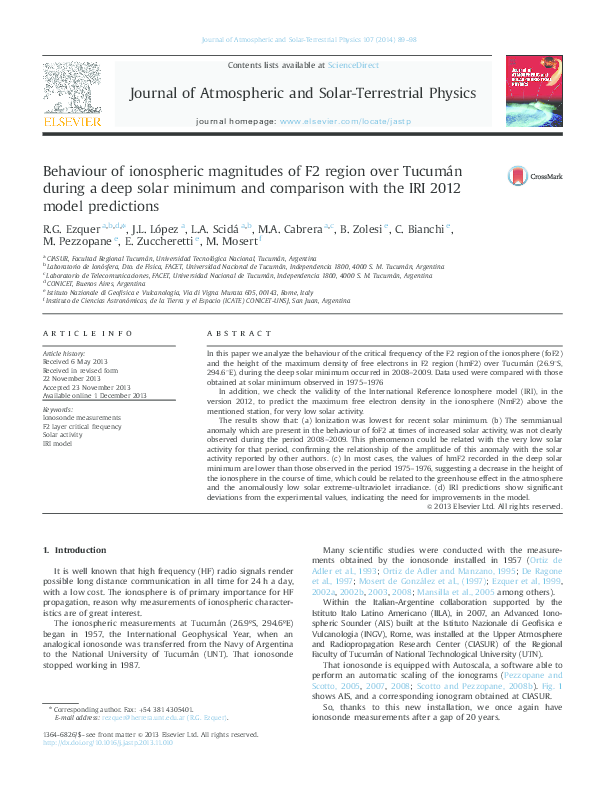 (PDF) Behaviour of ionospheric magnitudes of F2 region over Tucumán during a deep solar minimum ...
