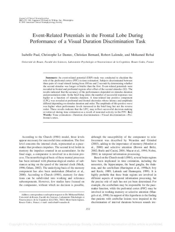 (PDF) Event-Related Potentials in the Frontal Lobe During Performance ...