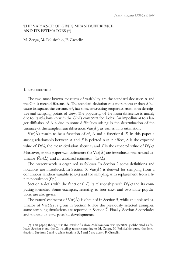 (PDF) THE VARIANCE OF GINI’S MEAN DIFFERENCE AND ITS ESTIMATORS