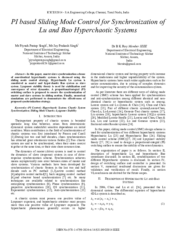 (PDF) PI based sliding mode control for synchronization of Lu and Bao hyperchaotic systems
