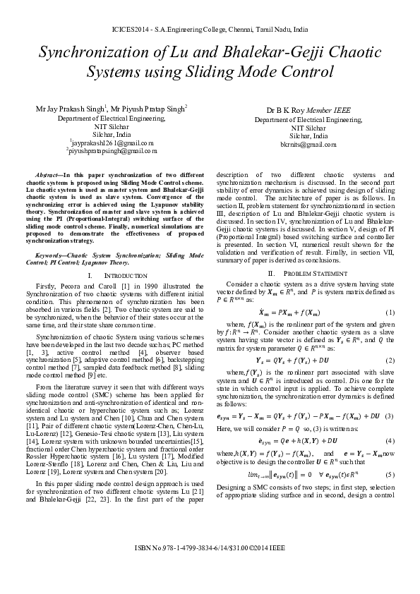(PDF) Synchronization of Lu and Bhalekar-Gejji chaotic systems using sliding mode control