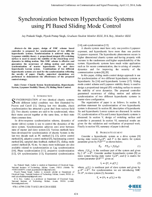 (PDF) Synchronization between hyperchaotic systems using PI Based Sliding Mode Control