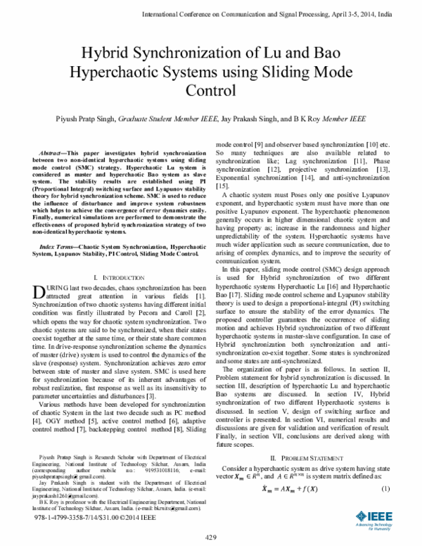 (PDF) Hybrid synchronization of Lu and Bao hyperchaotic systems using sliding mode control