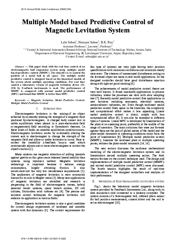 Pdf Multiple Model Based Predictive Control Of Magnetic Levitation System Lalu Seban And