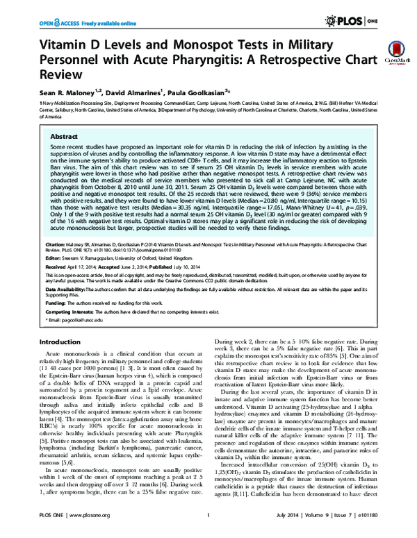 (PDF) Vitamin D levels and monospot tests in military personnel with ...