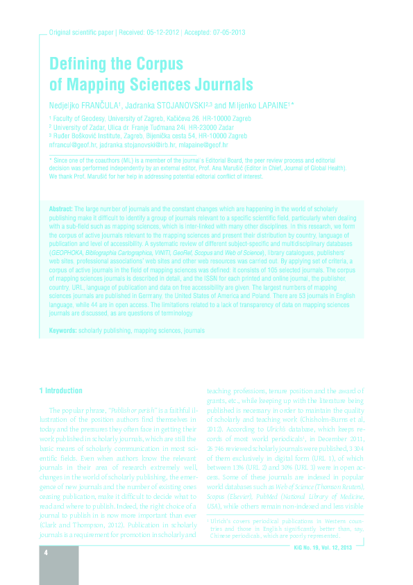 (PDF) Defining the Corpus of Mapping Sciences Journals