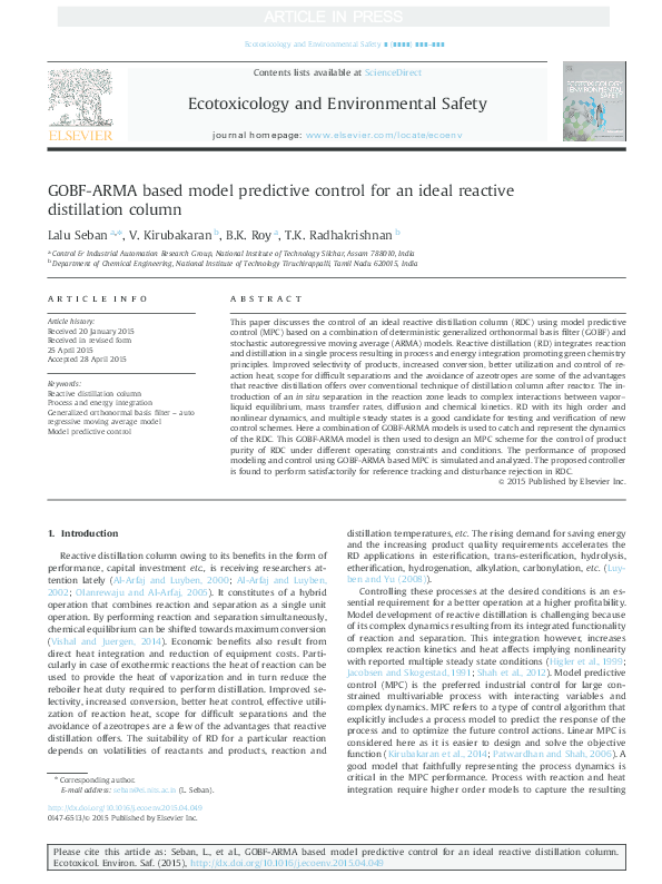 Pdf Gobf Arma Based Model Predictive Control For An Ideal Reactive Distillation Column 6700