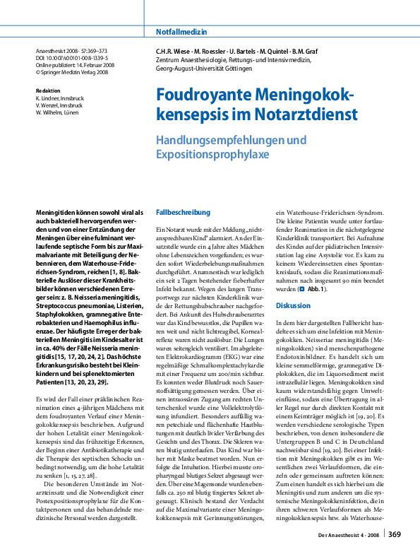 (PDF) Foudroyante Meningokokkensepsis im Notarztdienst ...