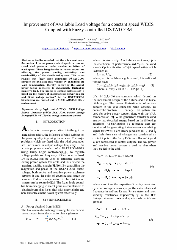 (PDF) Improvement of available load voltage for constant speed WECS using fuzzy controlled DSTATCOM