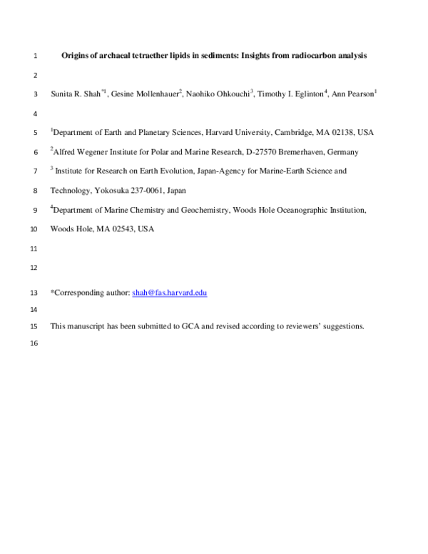(PDF) Origins of archaeal tetraether lipids in sediments: Insights from ...