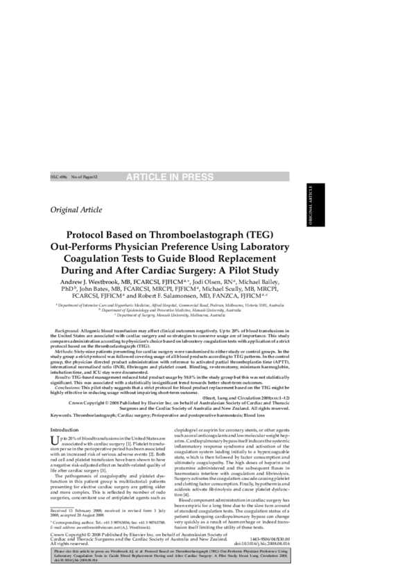 (PDF) Protocol Based on Thromboelastograph (TEG) Out-Performs Physician ...