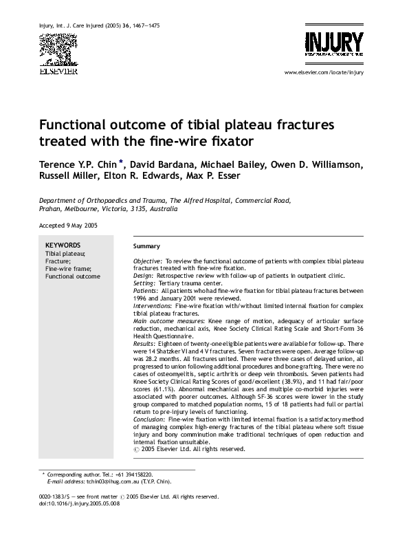 (PDF) Functional outcome of tibial plateau fractures treated with the fine-wire fixator