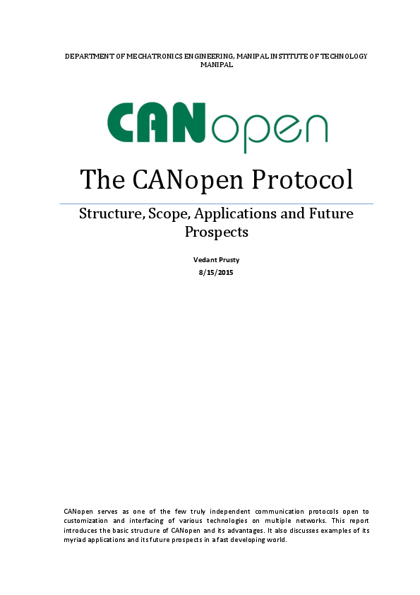 (PDF) The CANOpen Protocol - Structure, Scope, Applications and Future Prospects
