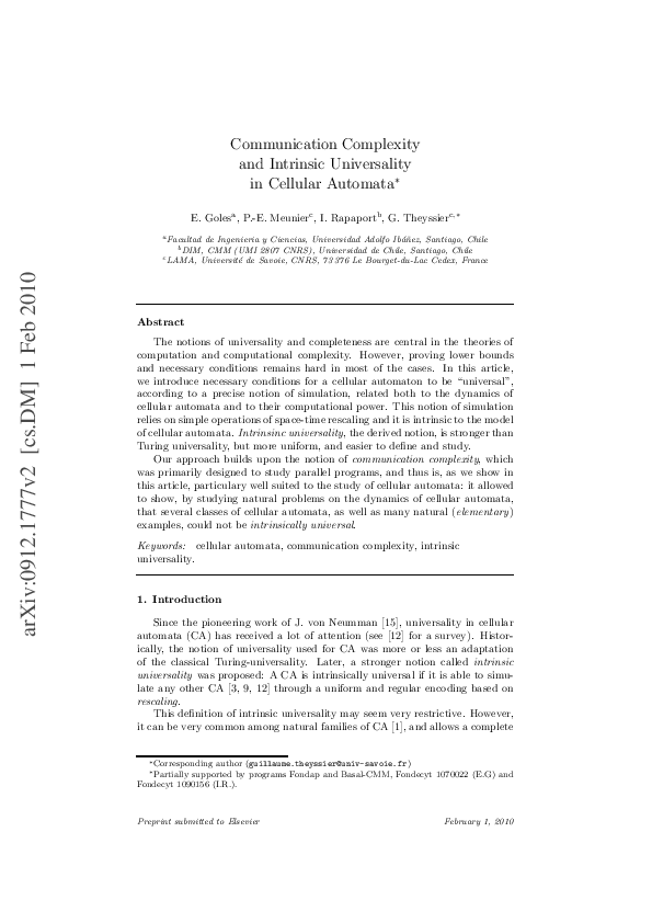 (PDF) Communication complexity and intrinsic universality in cellular automata