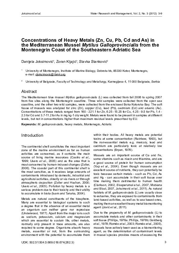 (PDF) Concentrations of Heavy Metals (Zn, Cu, Pb, Cd and As) in the Mediterranean Mussel Mytilus ...