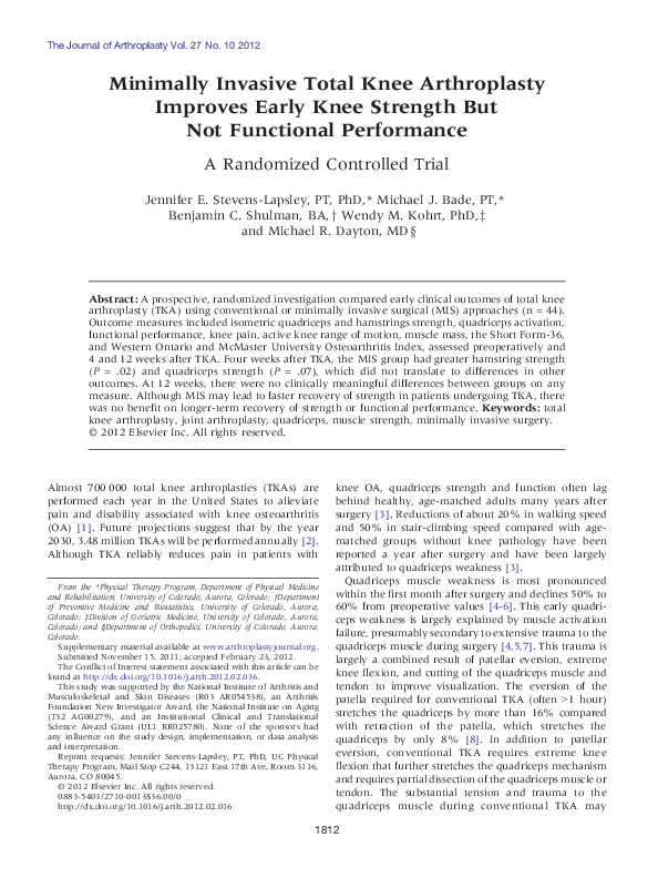 (PDF) Minimally Invasive Total Knee Arthroplasty Improves Early Knee ...