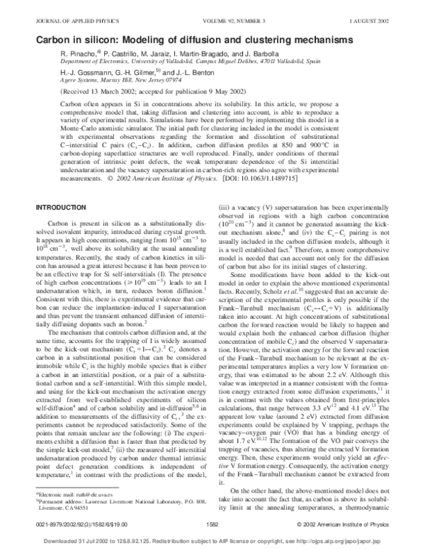 (PDF) Carbon in silicon: Modeling of diffusion and clustering mechanisms | George Gilmer ...