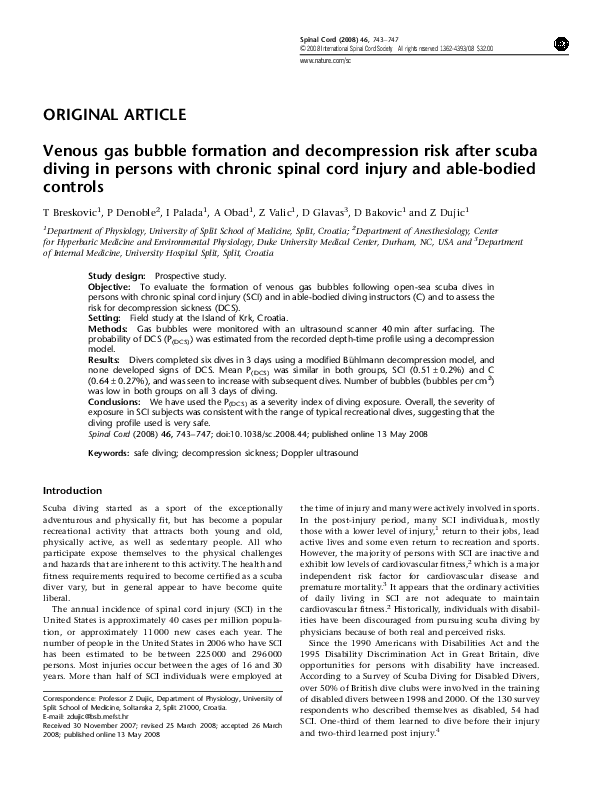 (PDF) Decompression Risk and Gas Bubbles in Divers