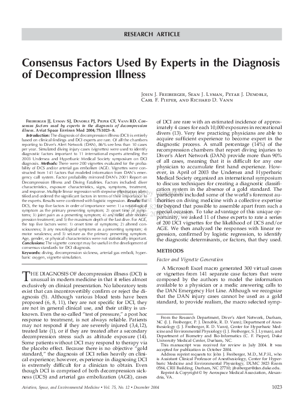 (PDF) Consensus factors used by experts in the diagnosis of decompression illness