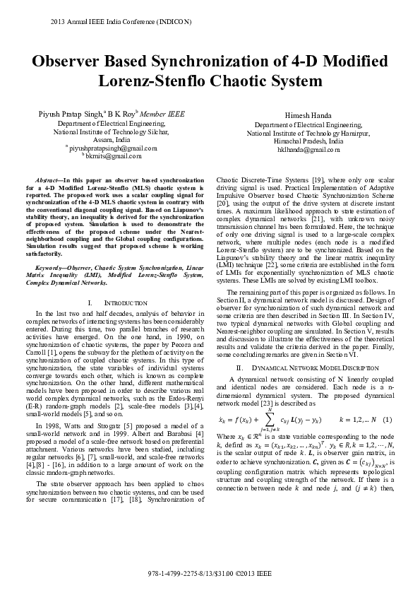 (PDF) Observer Based Synchronization of 4-D Modified Lorenz-Stenflo Chaotic System