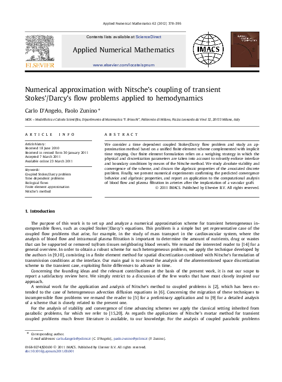 (PDF) Numerical approximation with Nitsche's coupling of transient Stokes'/Darcy's flow problems ...