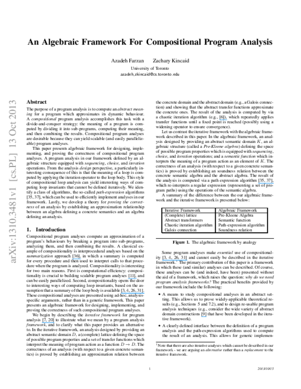 (PDF) An Algebraic Framework for Compositional Program Analysis