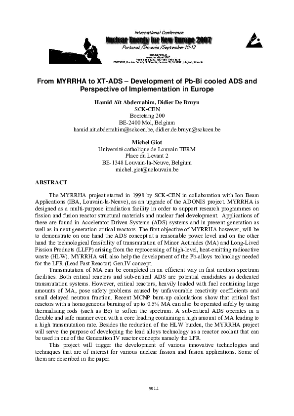(PDF) From MYRRHA to XT-ADS Development of Pb-Bi cooled ADS and ...