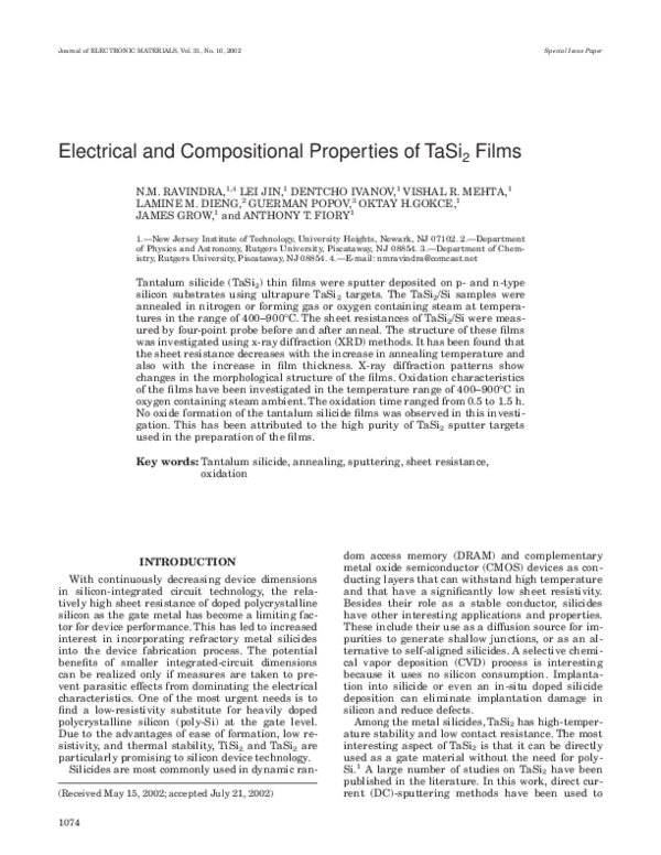 (PDF) Electrical and compositional properties of TaSi2 films
