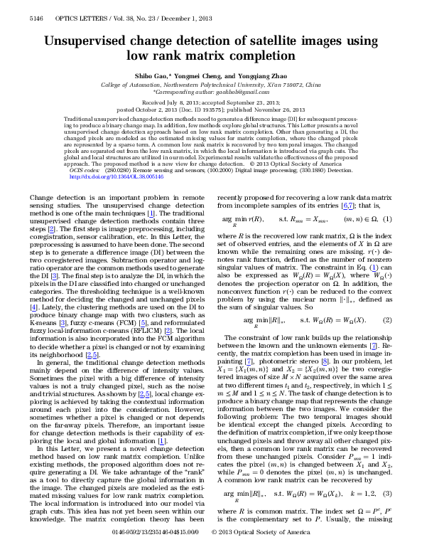 (PDF) Unsupervised change detection of satellite images using low rank matrix completion | Shibo ...