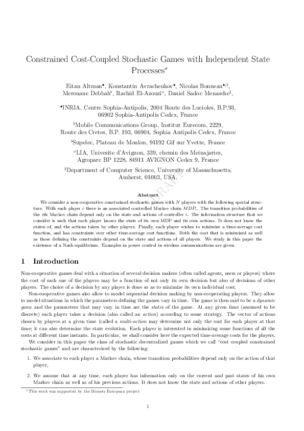 (PDF) Constrained cost-coupled stochastic games with independent state ...
