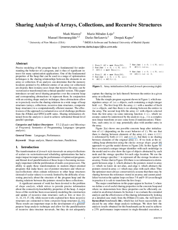 Pdf Sharing Analysis Of Arrays Collections And Recursive Structures Mark Marron 