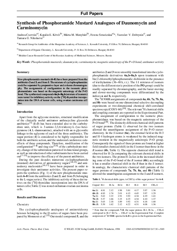 (PDF) Synthesis of Phosphoramide Mustard Analogues of Daunomycin and ...