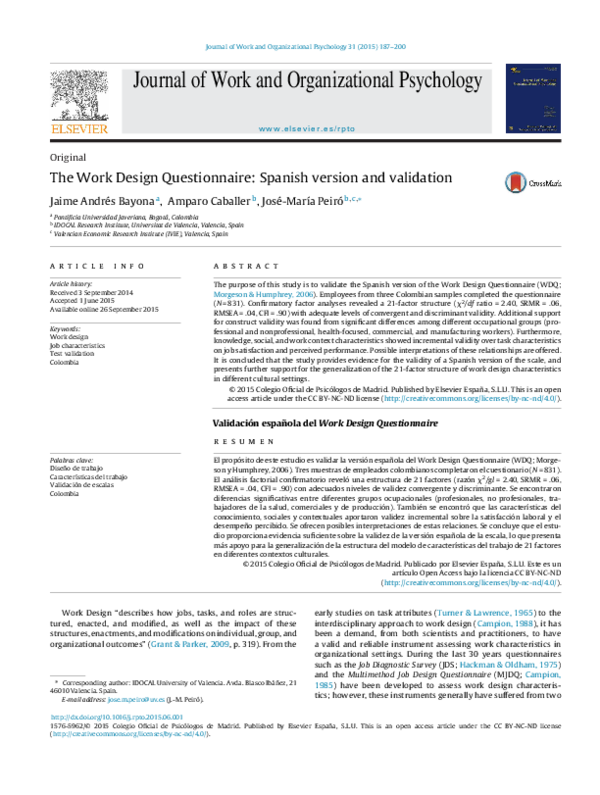 (PDF) The Work Design Questionnaire: Spanish version and validation