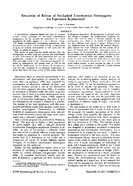 Pdf Simulation Of Release Of Sex Linked Translocation Homozygotes For