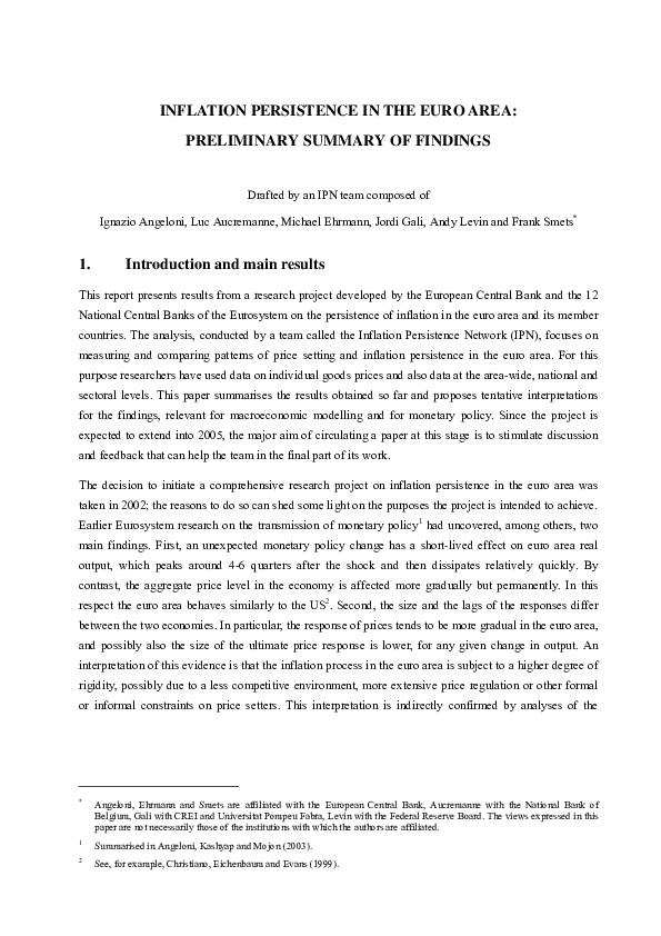 (PDF) INFLATION PERSISTENCE IN THE EURO AREA: PRELIMINARY SUMMARY OF FINDINGS