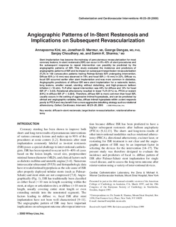 (PDF) Angiographic patterns of in-stent restenosis and implications on ...
