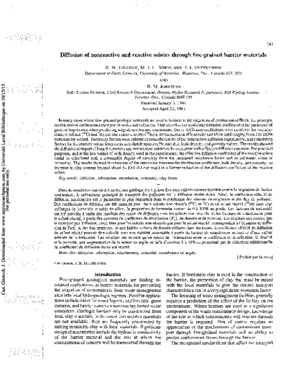 Pdf Diffusion Of Nonreactive And Reactive Solutes Through Fine Grained Barrier Materials