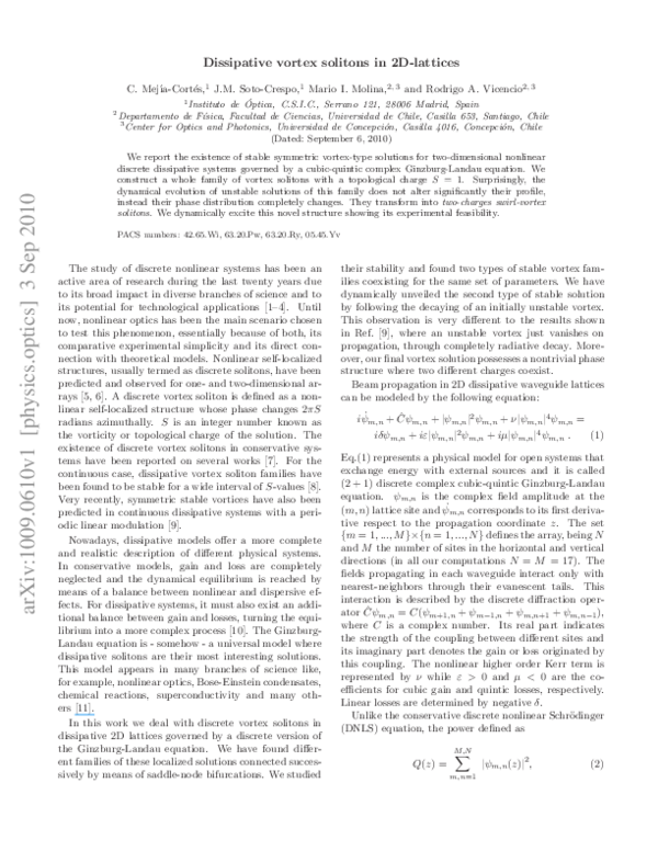 (PDF) Dissipative vortex solitons in two-dimensional lattices